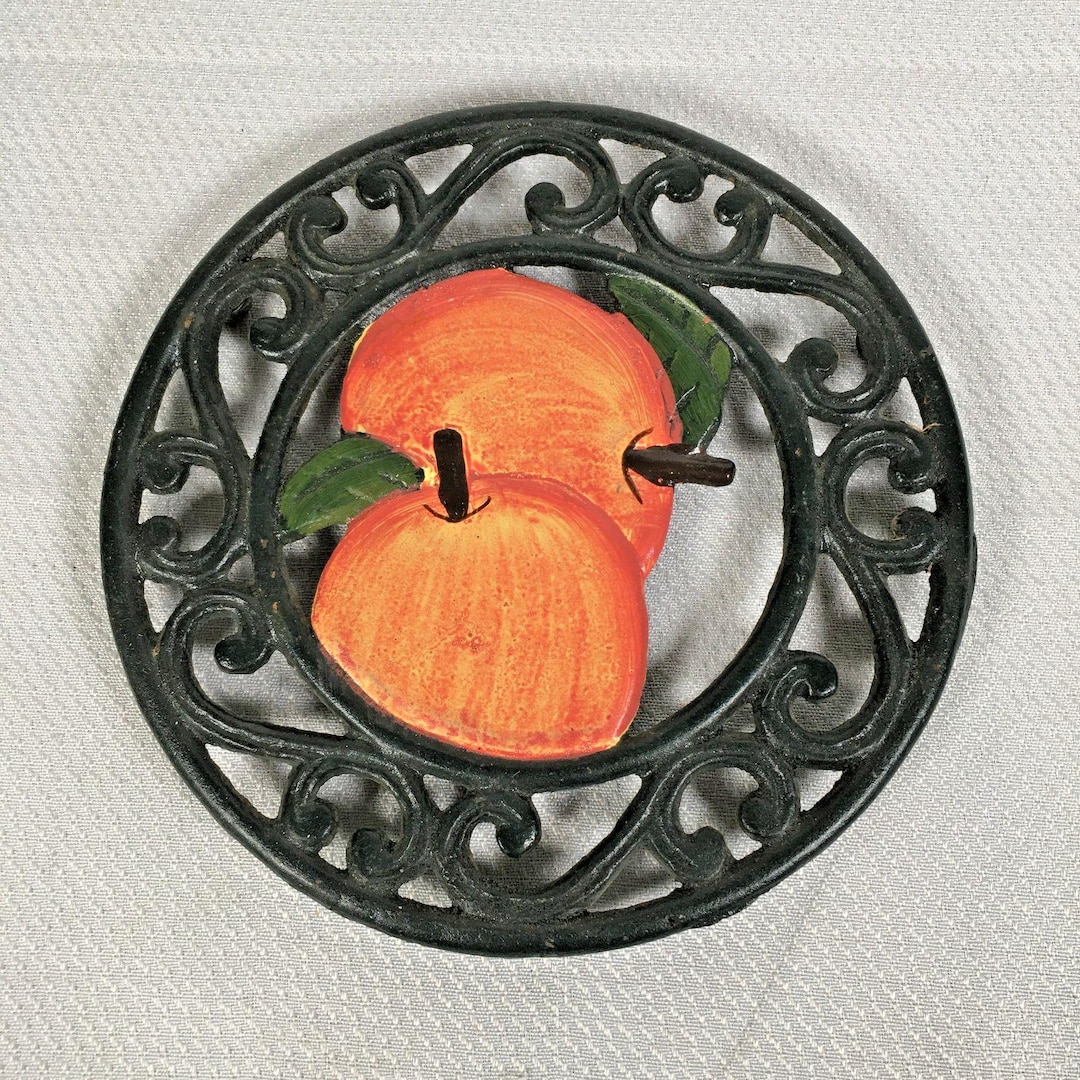 Vintage Cast Iron Round Trivet Fruit Design Hand Painted Footed Peaches ...