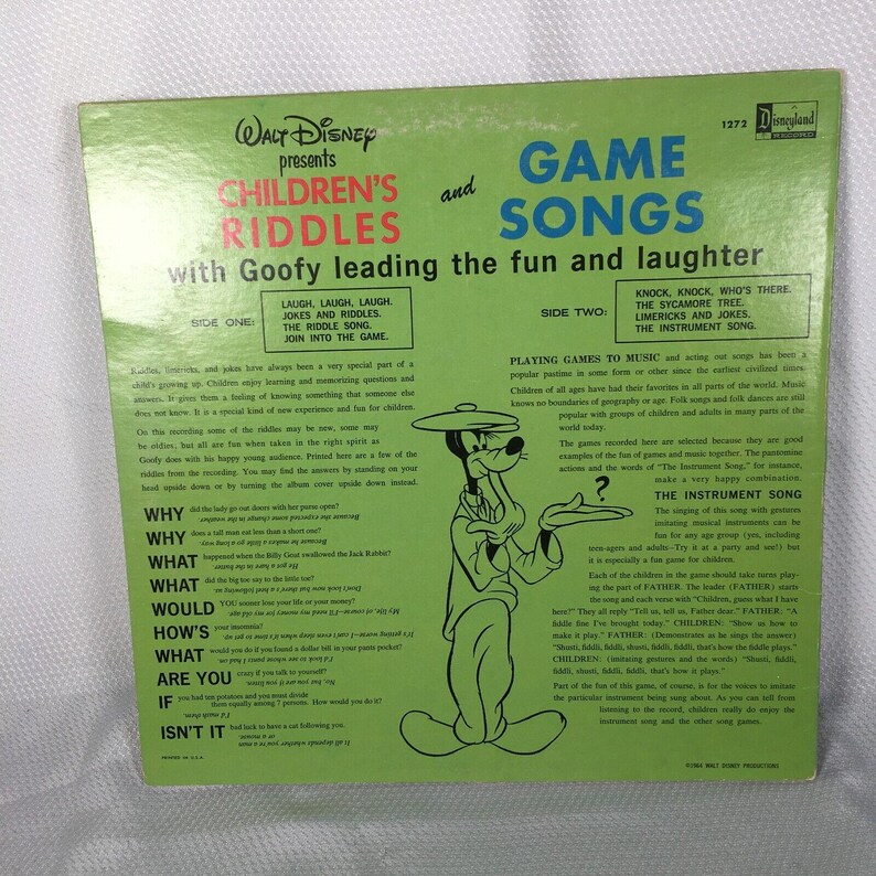 Vintage 1964 Walt Disney's Children's Riddles & Game Songs 1272 - Etsy