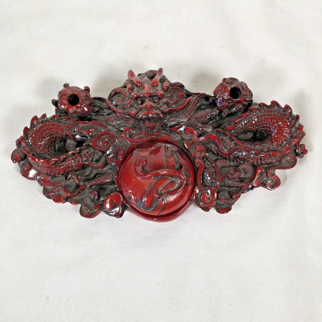 Vintage Chinese Wooden Red Dragon Ink Well Desk Set 2 Pen Holder - Etsy