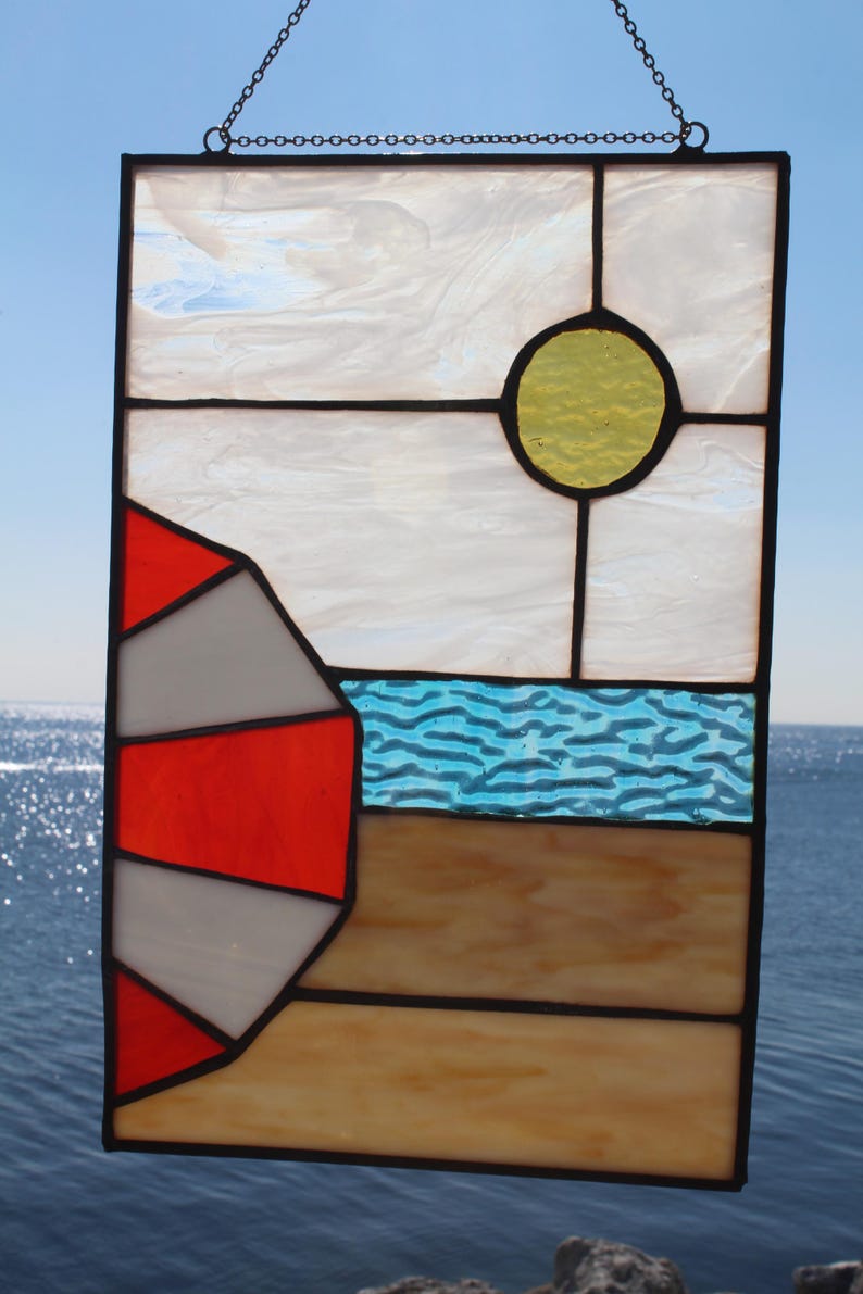 Handmade Stained Glass Window Panel, Beach and Ocean Scene, Summer ...