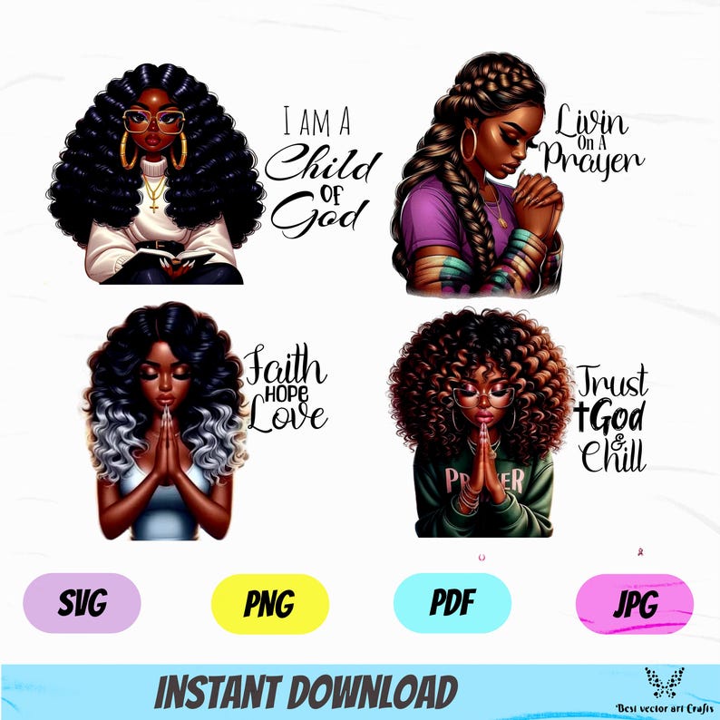 Black Girl Clipart Bundle, Black Girl Praying Svg, African American Women in Prayer Svg, Afro ...
