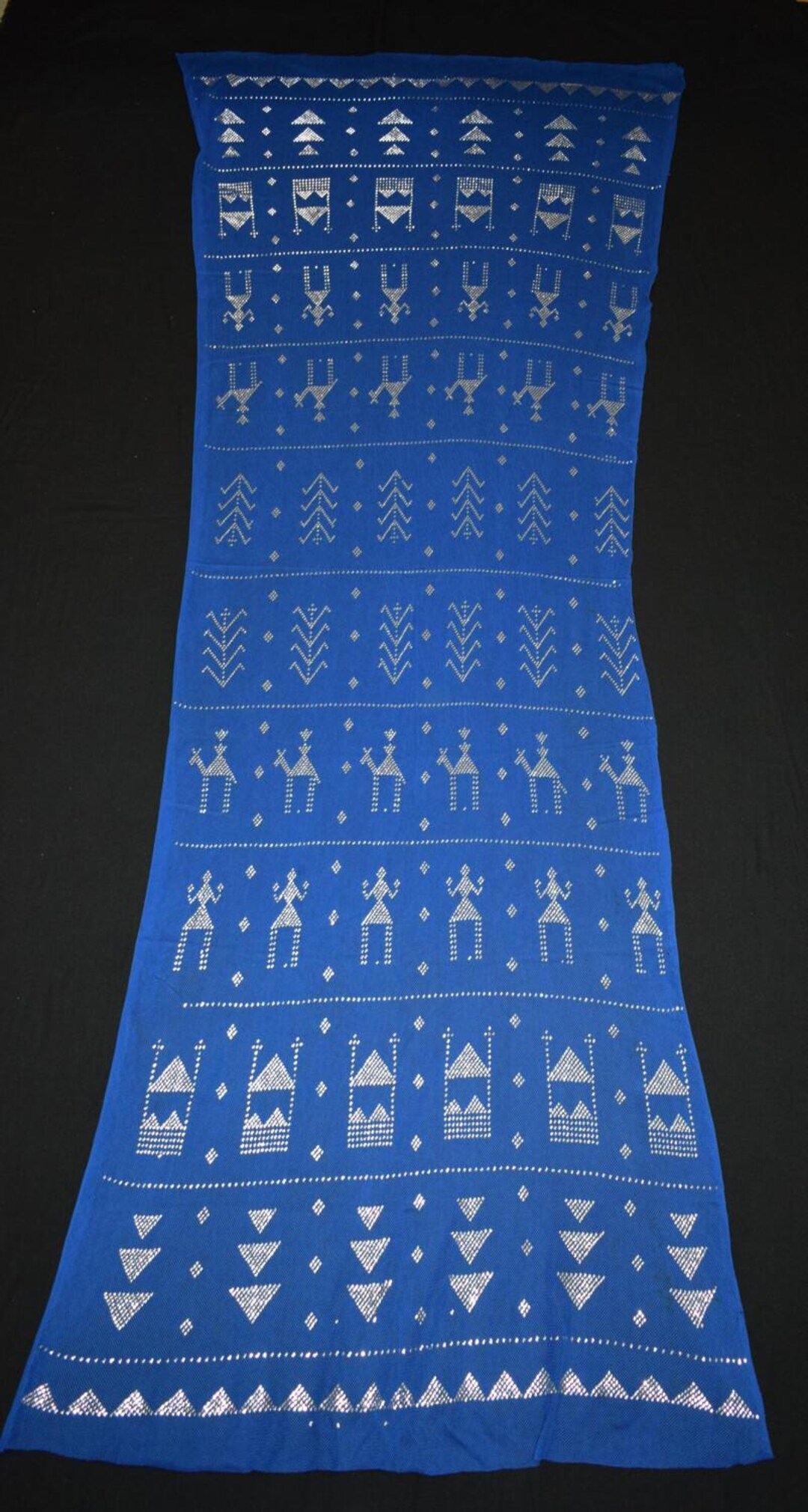 Blue Egyptian Assuit Silver Metal / Net Tulle Fabric Wrap Shawl Scarf ...