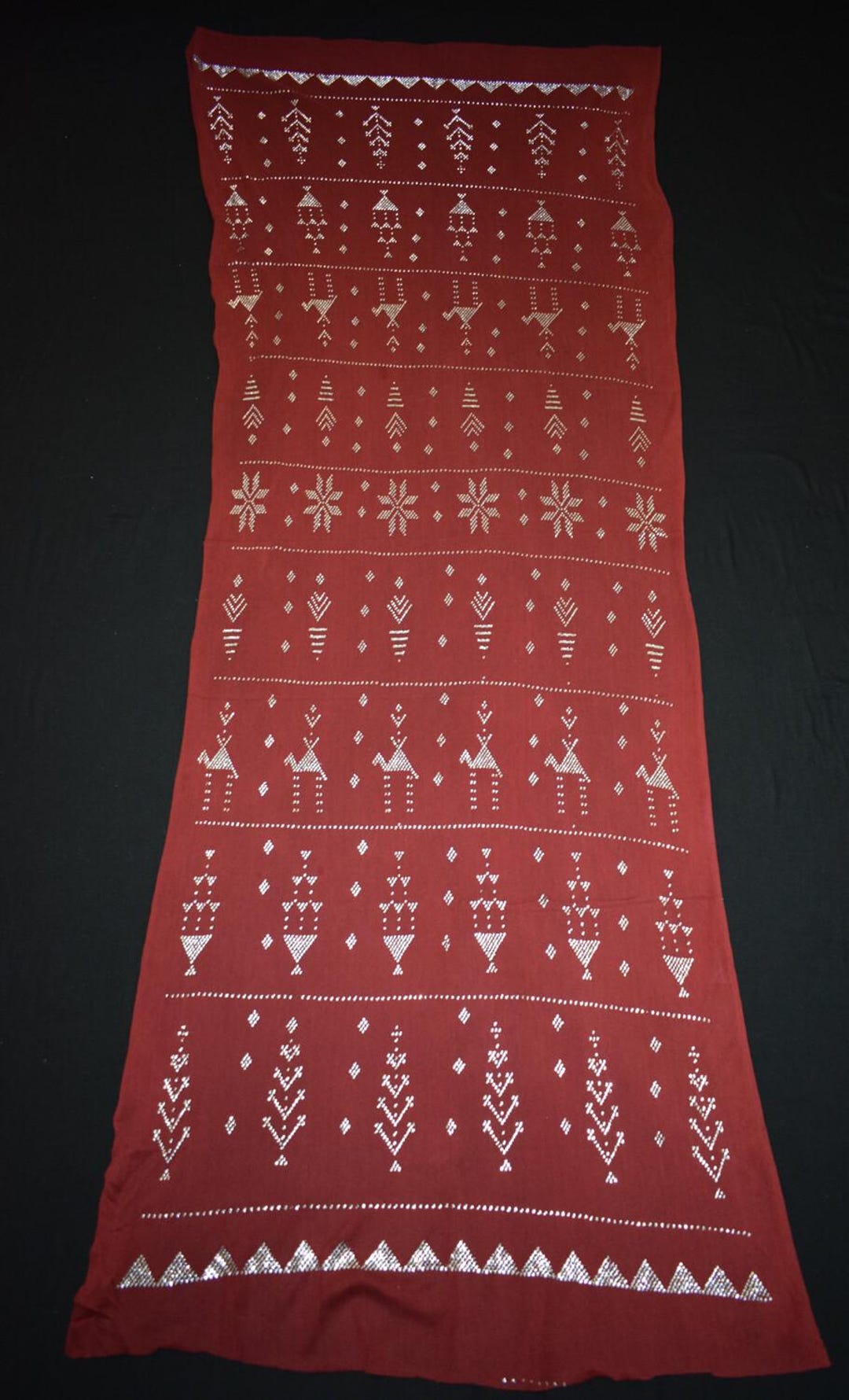 Maroon Egyptian Assuit Silver Metal / Net Tulle Fabric Wrap Shawl Scarf ...