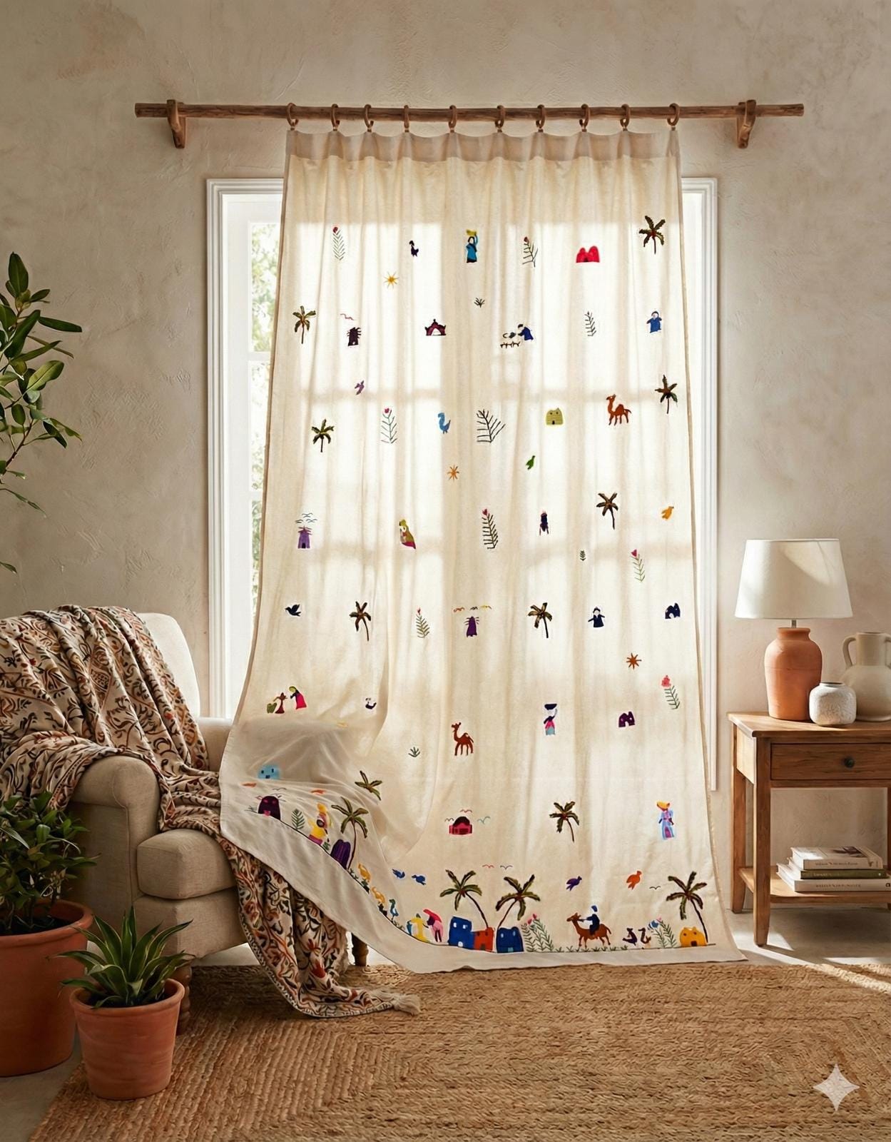 Egyptian Akhmim Art Curtain Hand Stitched Birds Palm Tree Tribal Boho ...