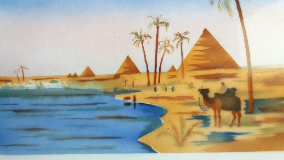 Vintage Egyptian Porcelain Serving Tray: Rare Pyramids and Camel Desert ...