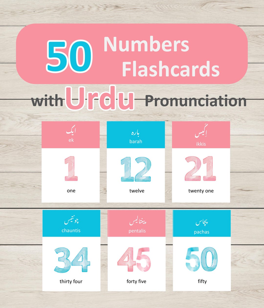 1 -50 Urdu Numbers Flash Cards, Preschool Counting Flash Cards, Urdu ...