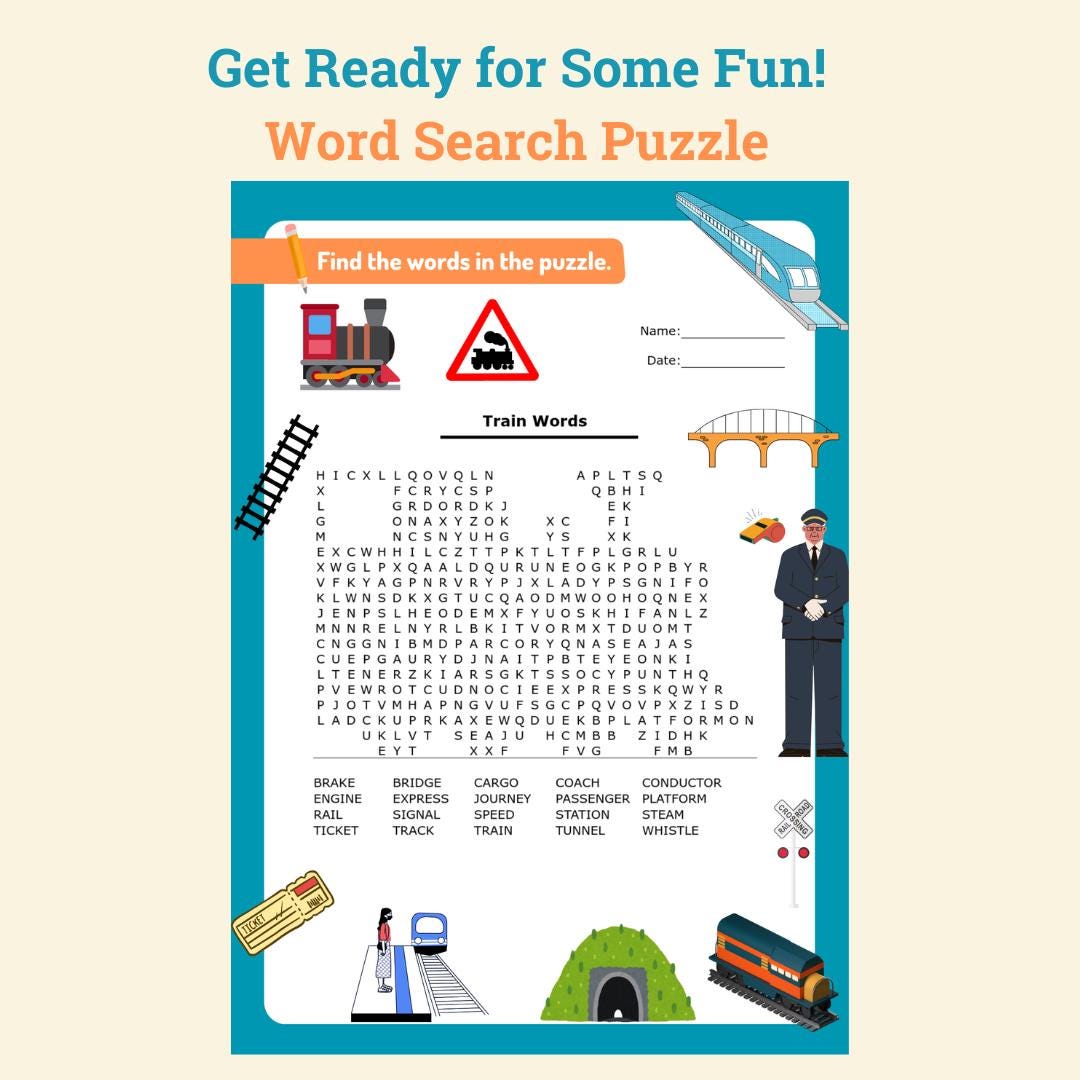 Train Word Search Puzzle PDF | Printable Train Activity for Kids ...