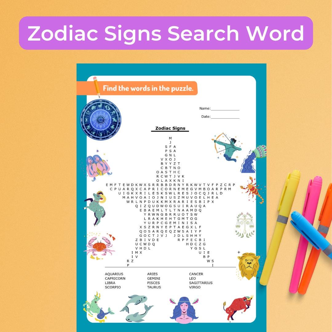 Printable Zodiac Signs Word Search Puzzle, Printable Astrology Word ...