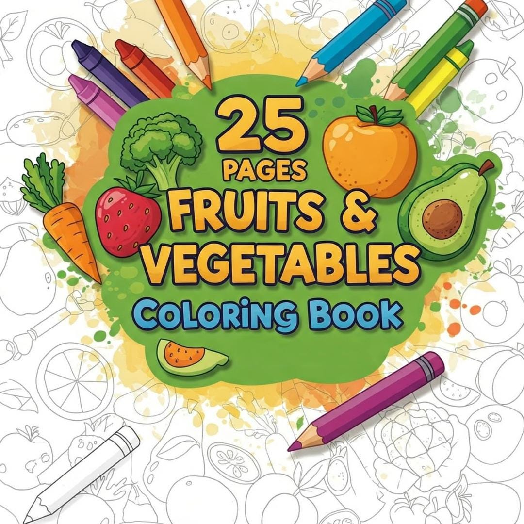 100 Fruits and Vegetables Coloring Pages for Kids - 25 Pages Printable ...