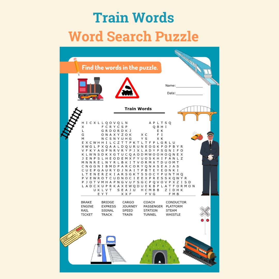 Train Word Search Puzzle PDF | Printable Train Activity for Kids ...