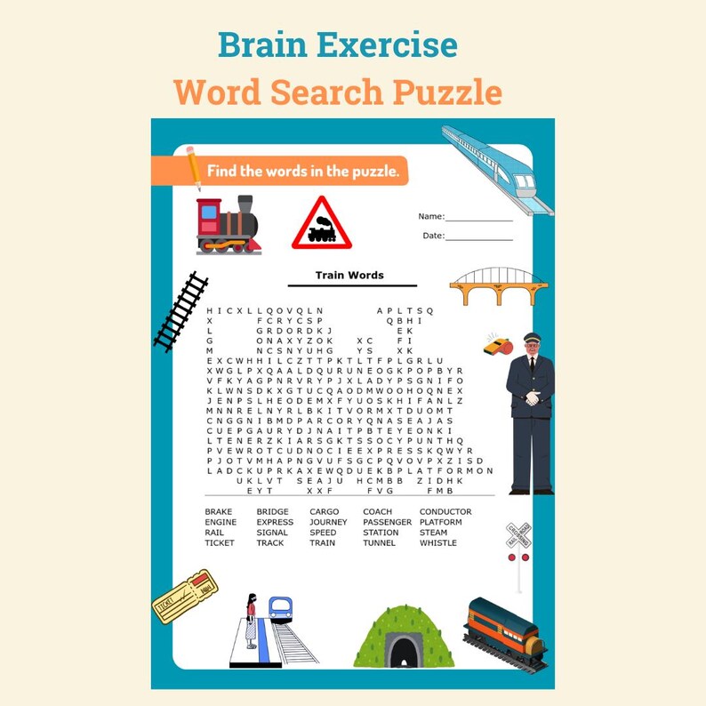 Train Word Search Puzzle PDF | Printable Train Activity for Kids ...