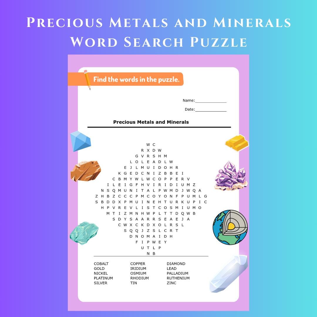 Precious Metals and Minerals Word Search Puzzle PDF | Fun Printable PDF ...