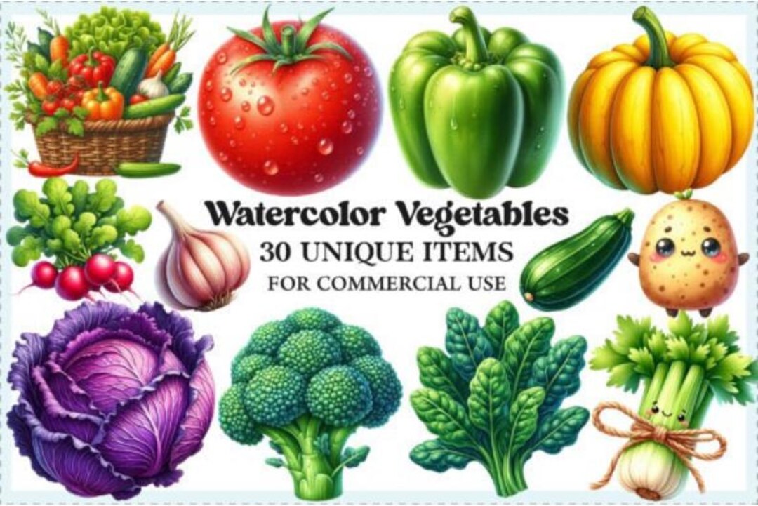 Vegetables Clipart Watercolor PNG Bundle – Carrot, Broccoli, Tomato ...