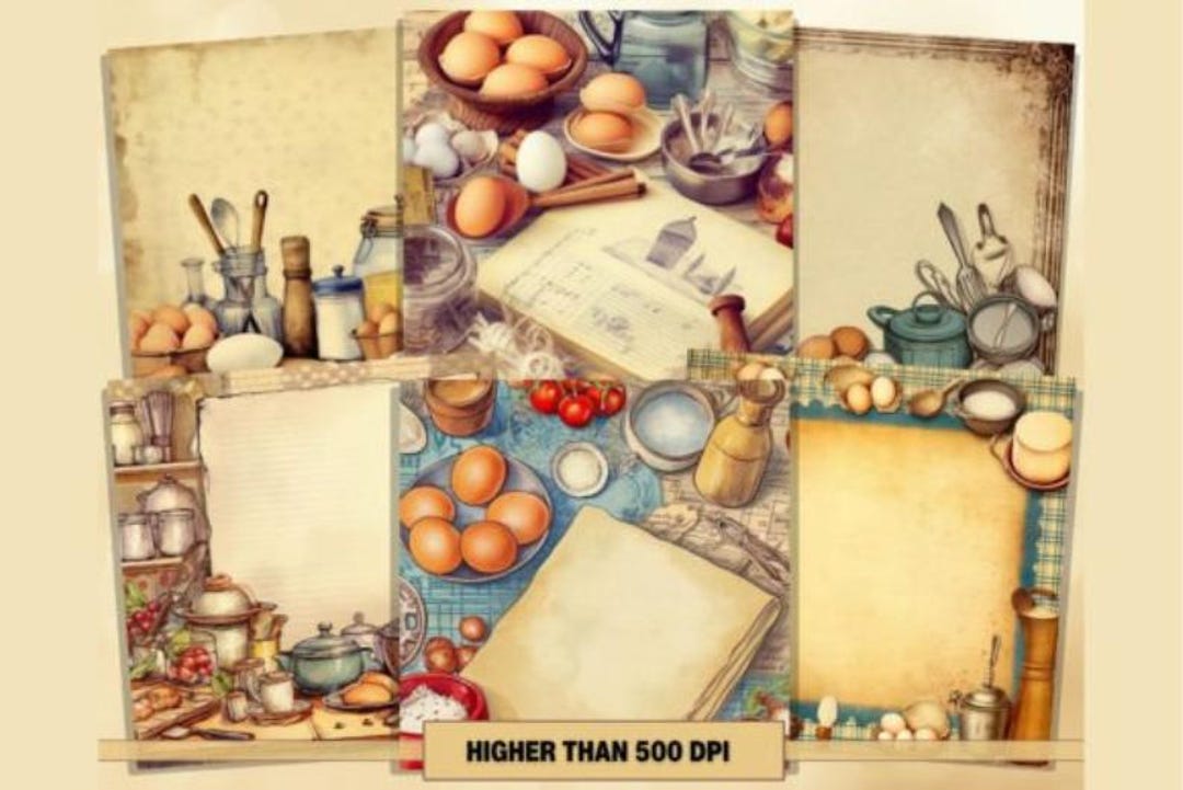 Vintage Kitchen Digital Paper - Printable Recipe Book Pages, Food ...