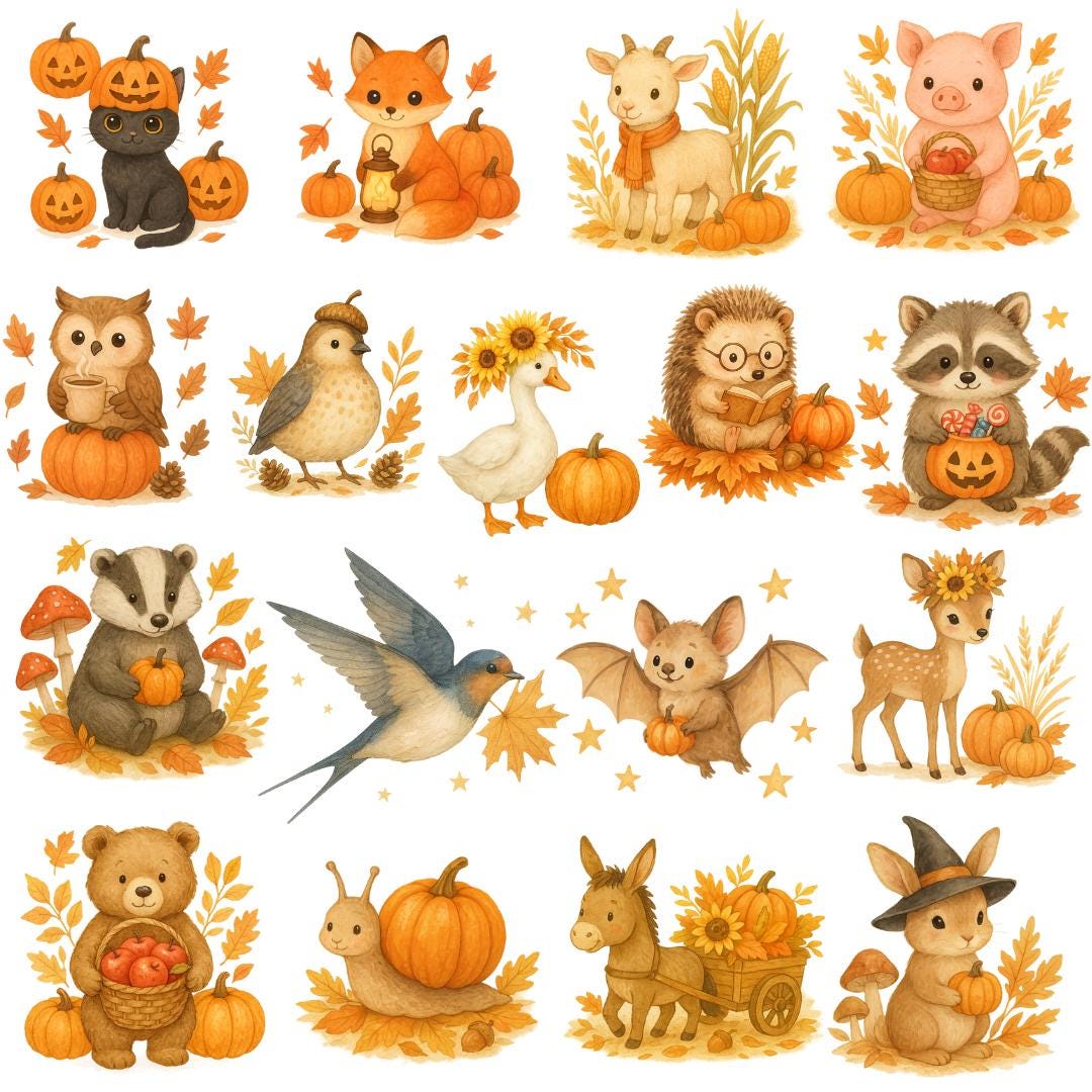 Watercolor Fall Woodland Animals Clipart: Autumn Forest PNG Bundle ...