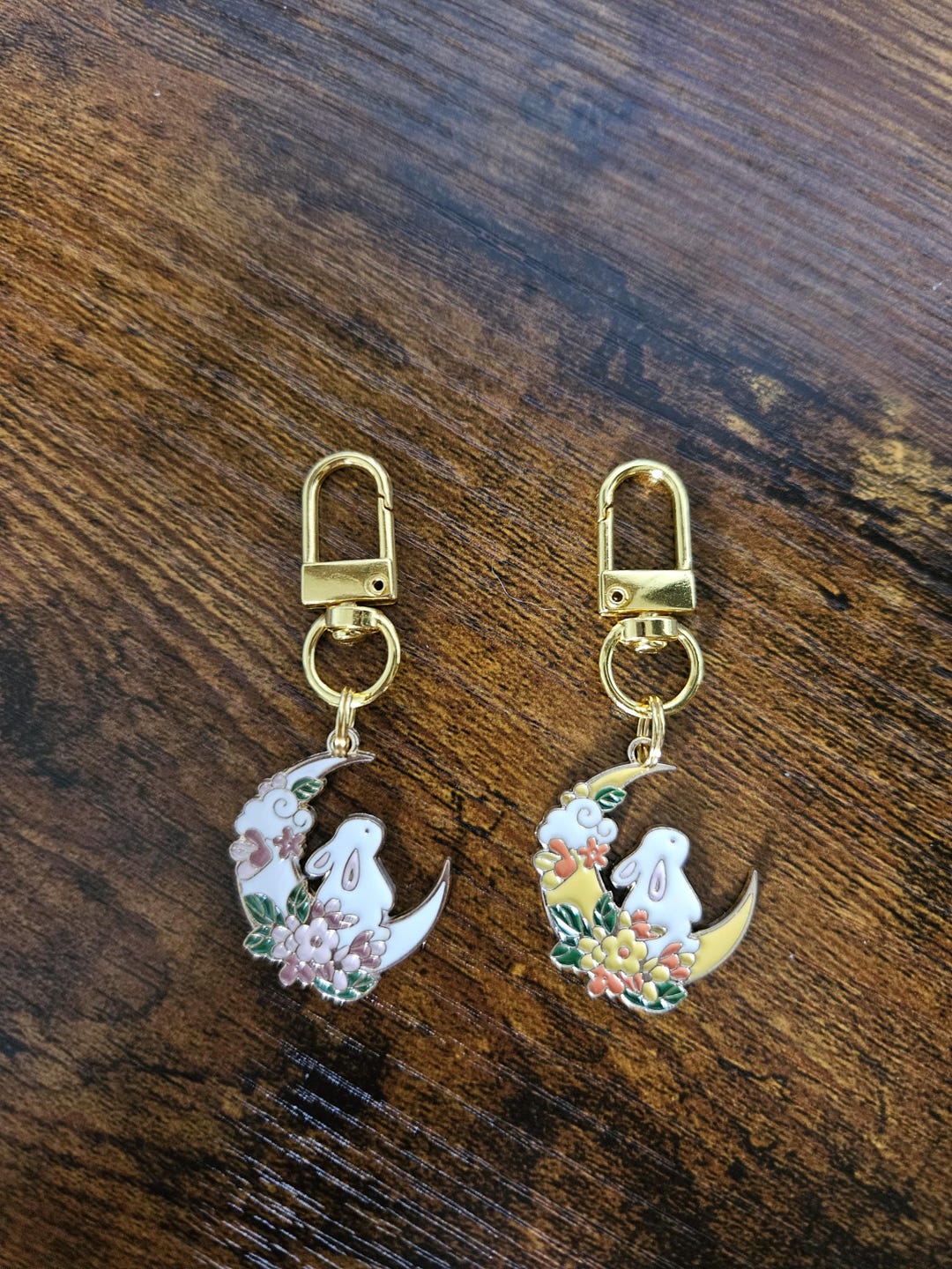Rabbit Keychain, Rabbit on a Floral Moon Keychain, Bunny Keychain ...