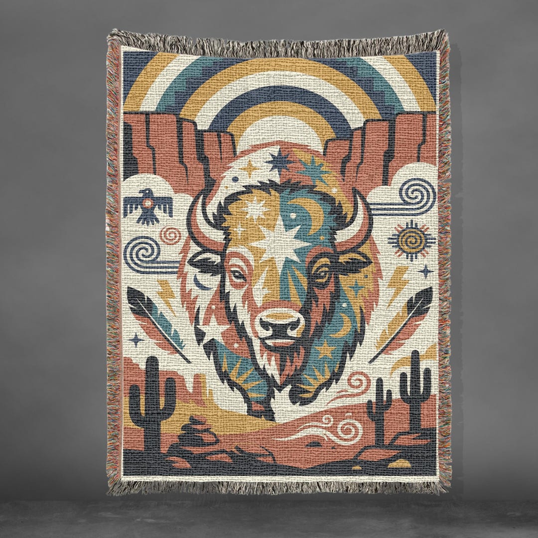 Bison Spirit Woven Blanket, Southwestern Desert Folk Art - Etsy