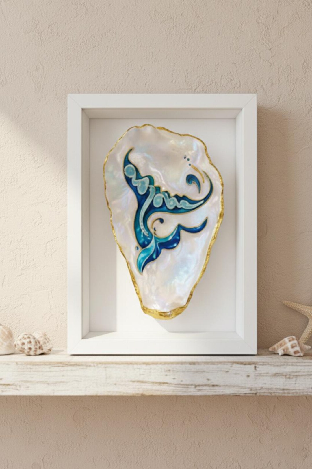 Azure Crest: Original Cloisonné Inspired Oyster Shell Art, Custom Resin ...