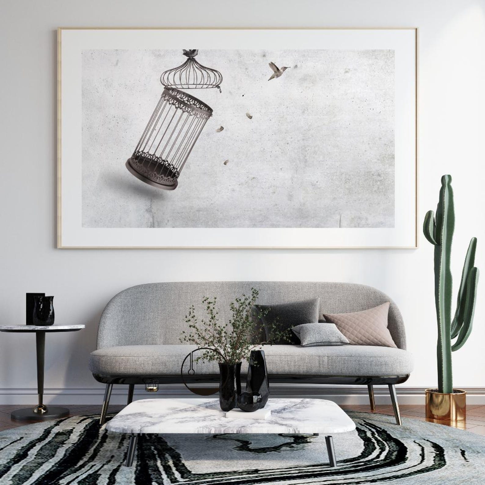 Minimalist Escaping Bird Wall Art - Surreal Freedom Print, Empty Cage ...