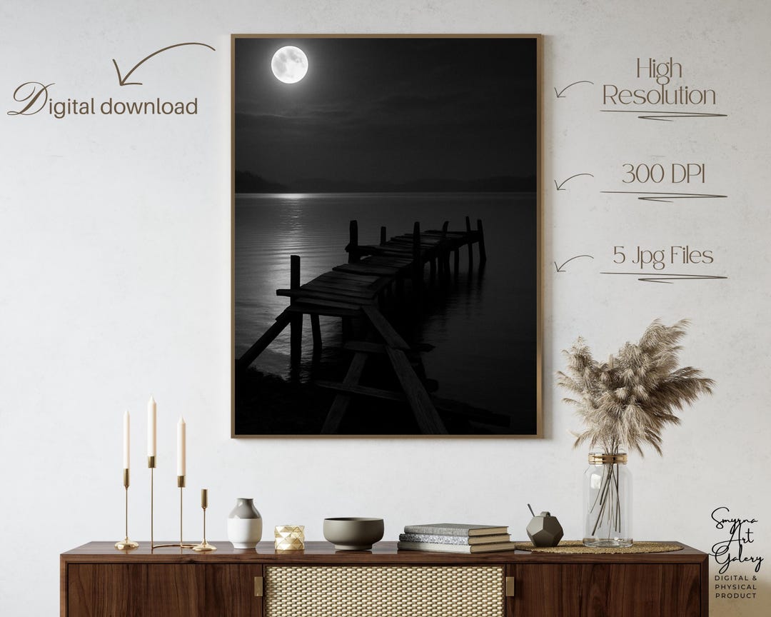 Moonlight Wall Art Printable | Black and White Dock Scene With Full ...