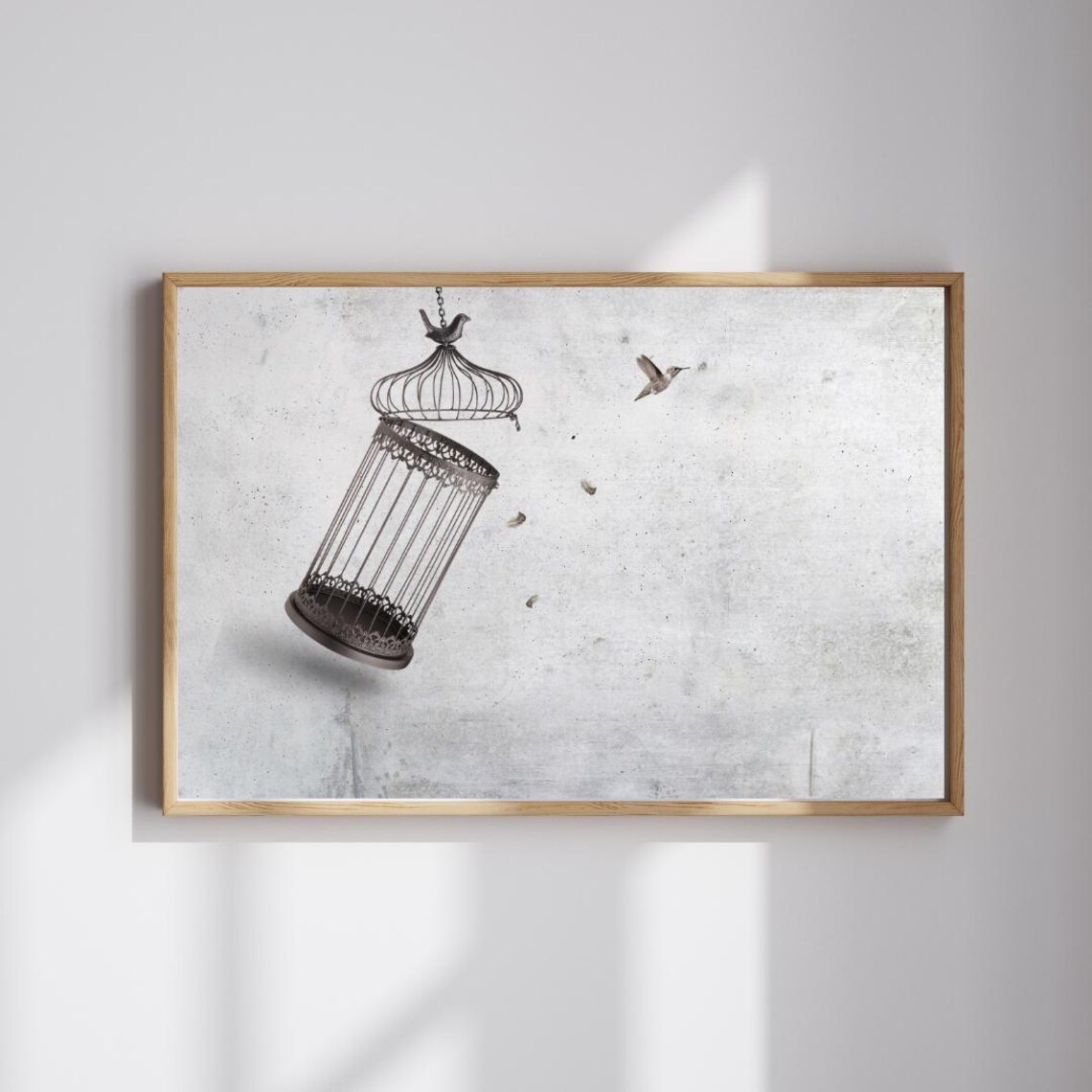 Minimalist Escaping Bird Wall Art - Surreal Freedom Print, Empty Cage ...
