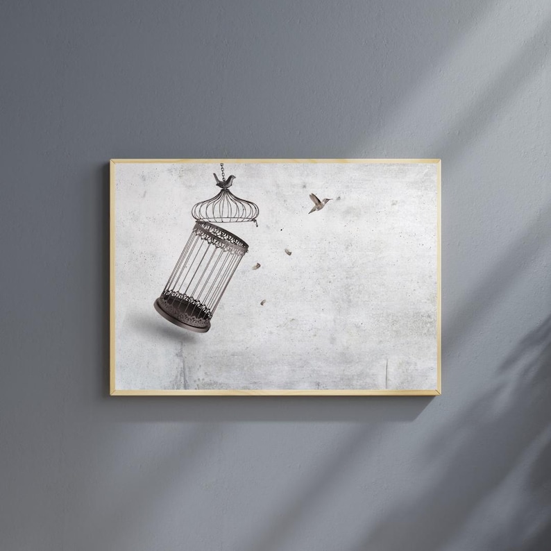 Minimalist Escaping Bird Wall Art - Surreal Freedom Print, Empty Cage ...