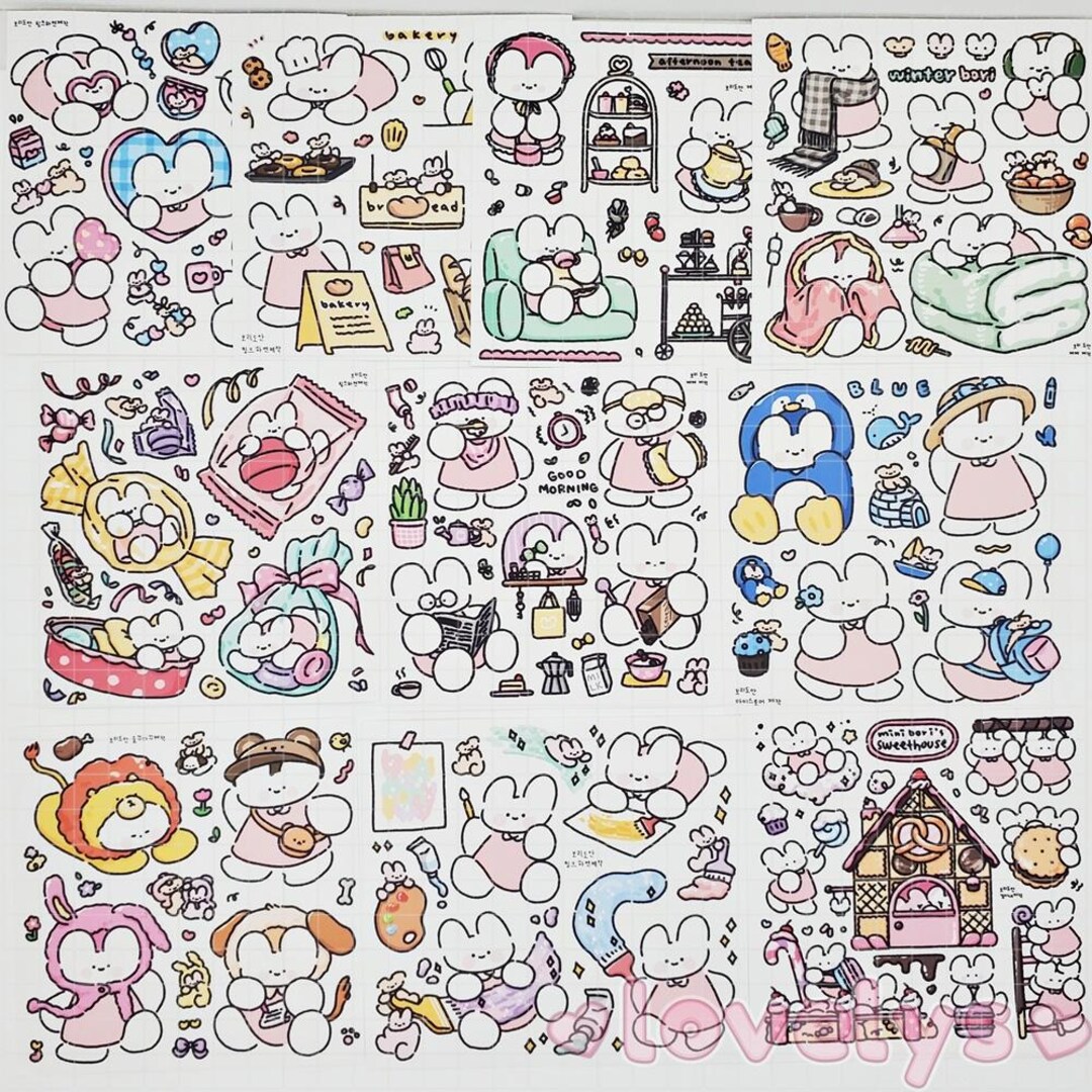 BOGO / 10 Sheets Uncut Sticker Bundle Bunny, Rabbit, Korean Stationery ...