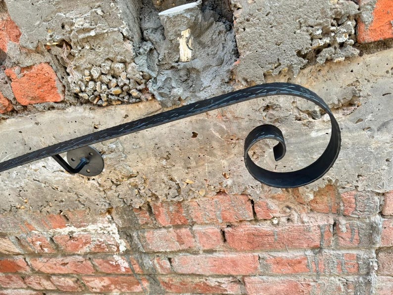Wrought Iron Stair Handrail: Rustic Scroll End, Unique Wall-mount Rail ...