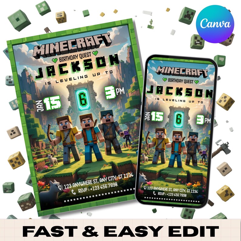Editable Minecraft Birthday Invitation | Level up Minecraft Party ...