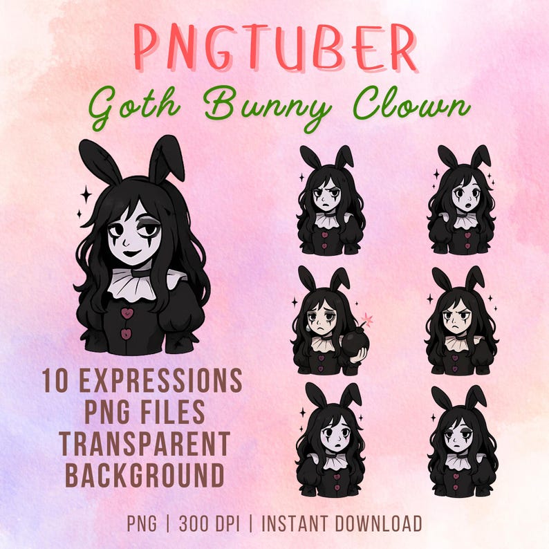 Goth Bunny Clown Pngtuber Pack: 10 Vtuber Avatar Expressions (instant ...