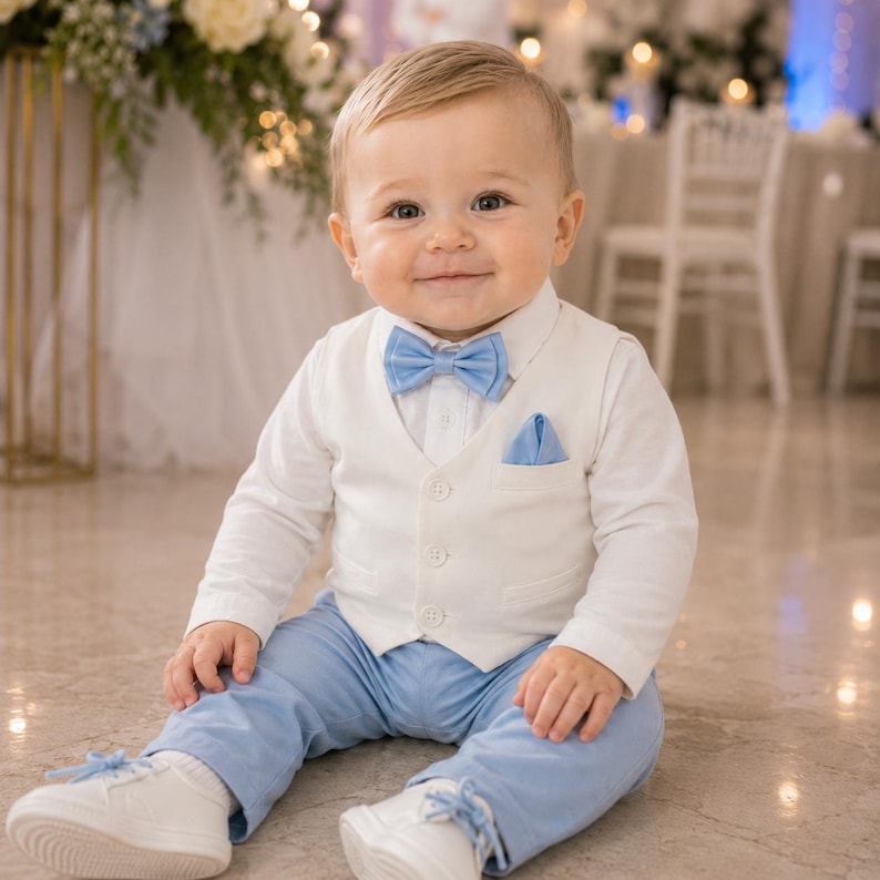 Baby Boy Blue Suit Set | White Shirt, Vest, Bow Tie, Pocket Square ...