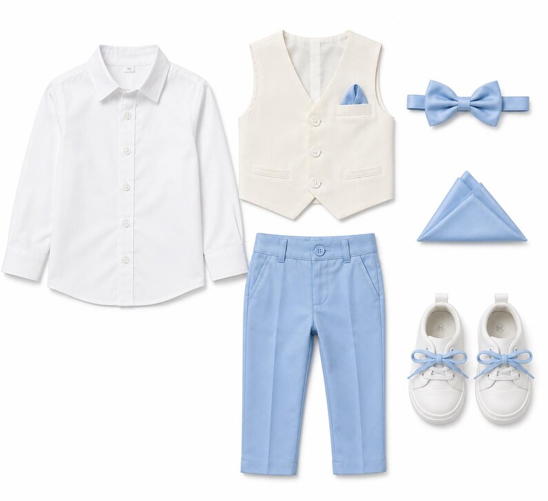 Baby Boy Blue Suit Set | White Shirt, Vest, Bow Tie, Pocket Square ...