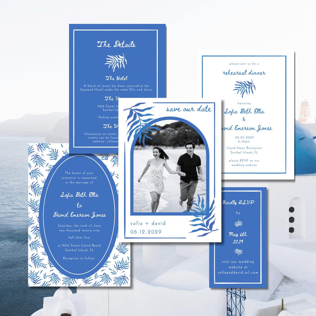 Blue Seaweed Wedding Invitation Template Bundle: DIY Printable Suite ...