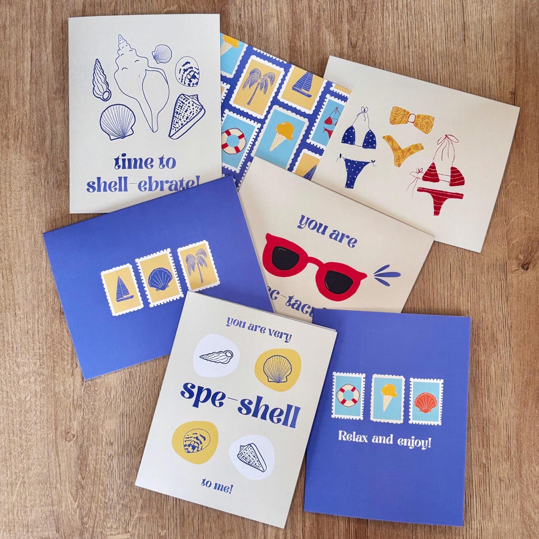 Beach Greeting Card Set: Hand-drawn Summer Coastal Designs - Etsy