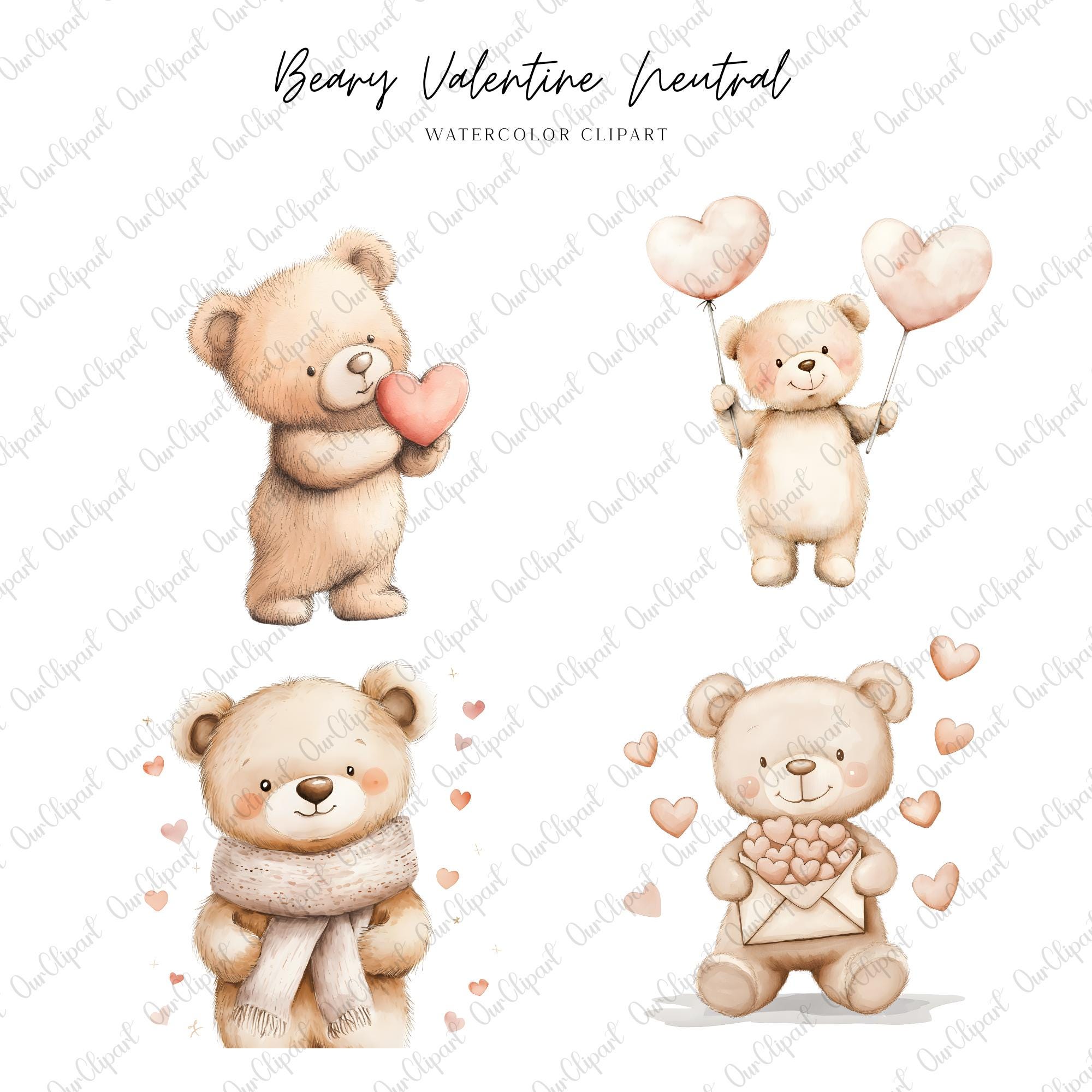 Valentine Teddy Bear Clipart Bundle – Heart Balloons & Watercolor Bears ...