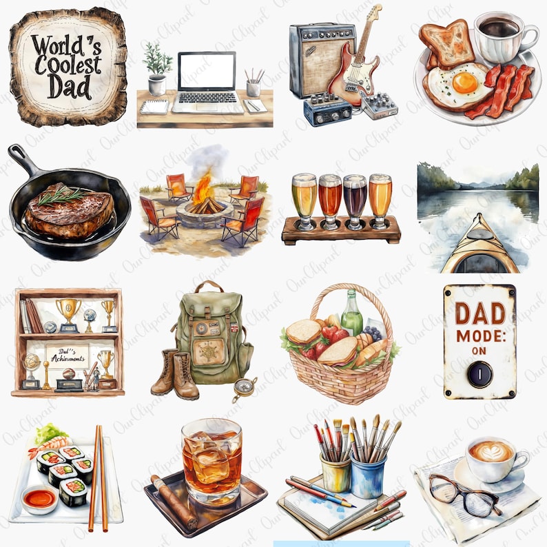 Fathers Day Watercolor Clipart Bundle Father's Day PNG Dad Clipart ...