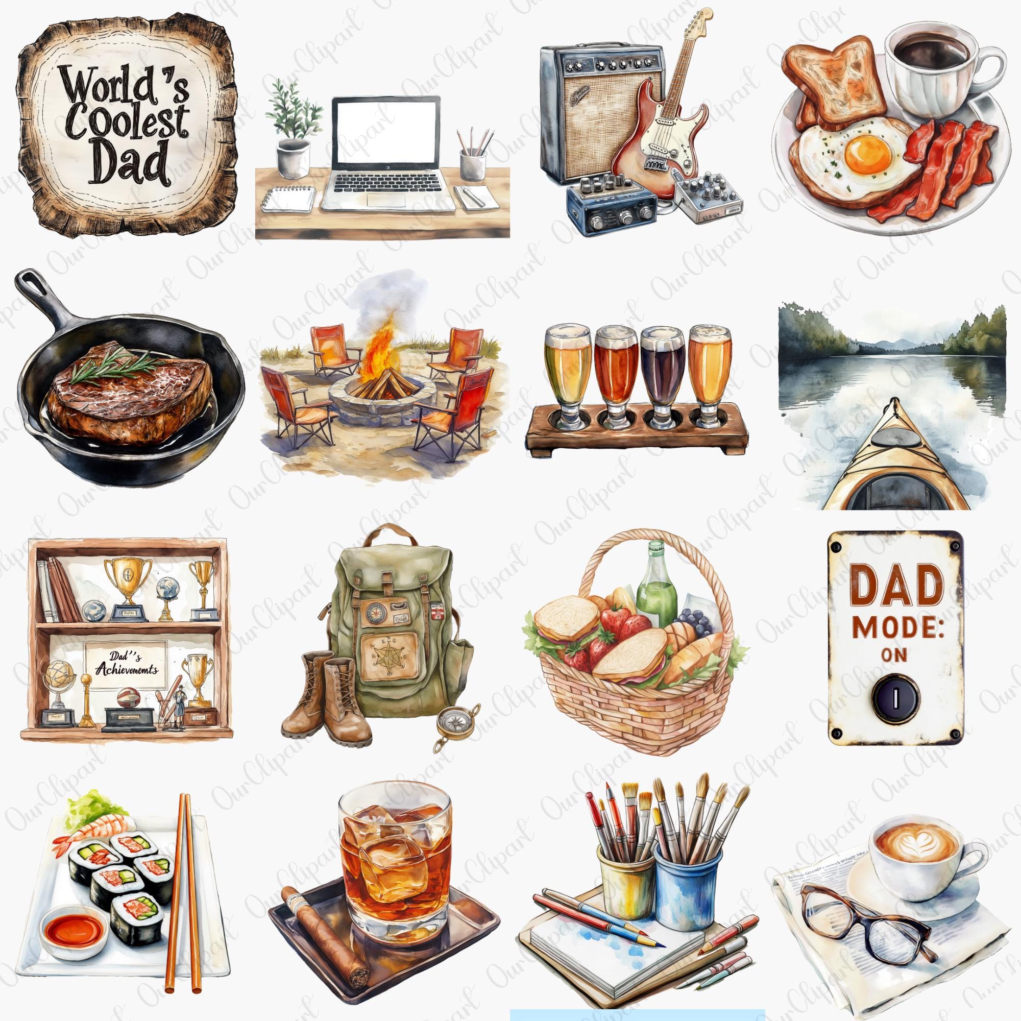 Fathers Day Watercolor Clipart Bundle Father's Day PNG Dad Clipart ...