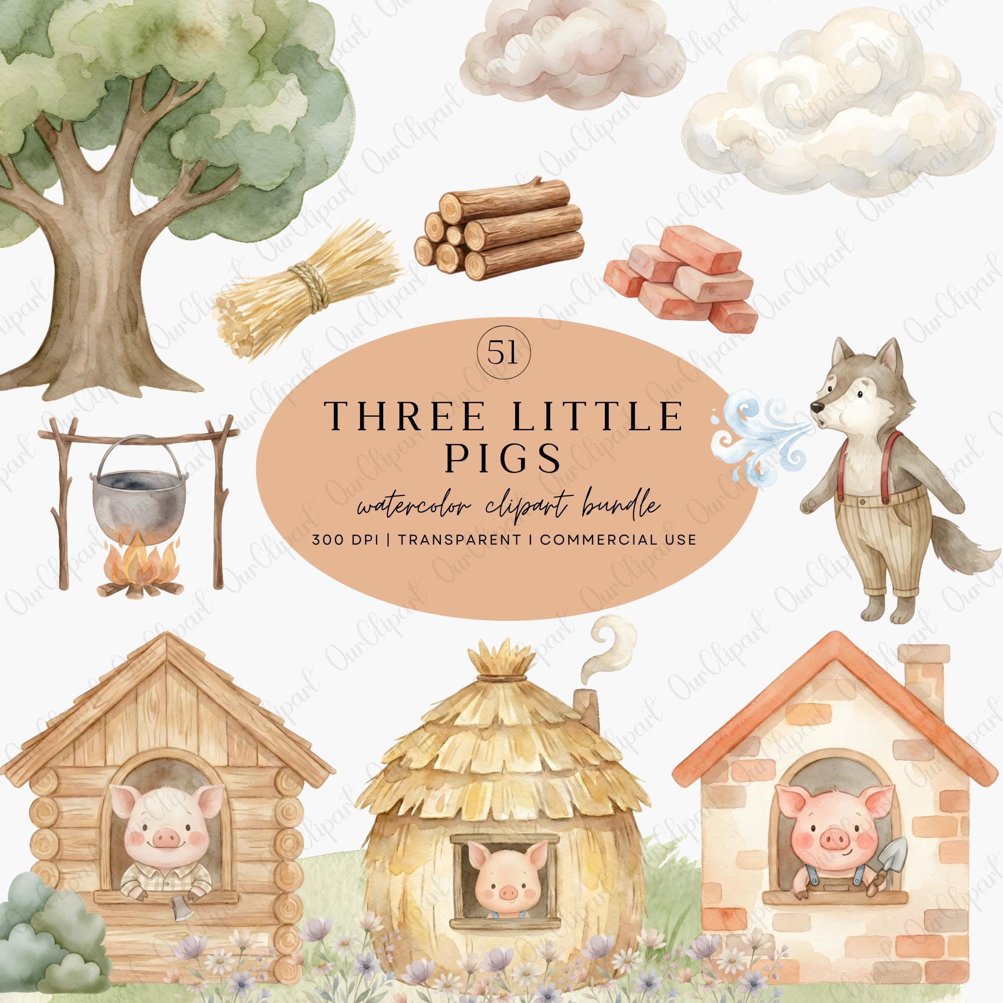 Three Little Pigs Clipart Bundle, Nursery Rhyme Storybook PNG ...