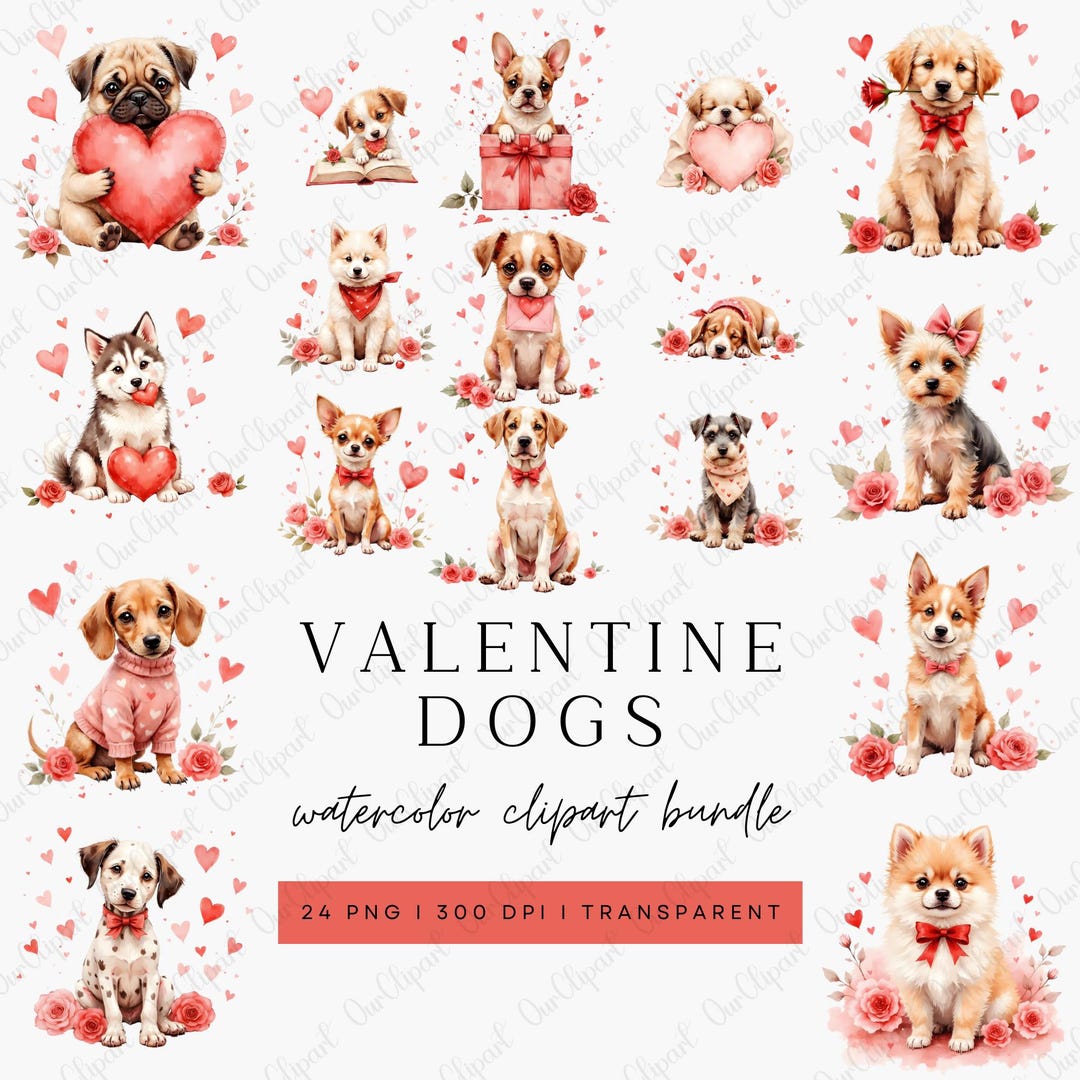 Valentine Dogs Clipart Bundle – Cute Watercolor Puppies, Heart Balloons ...