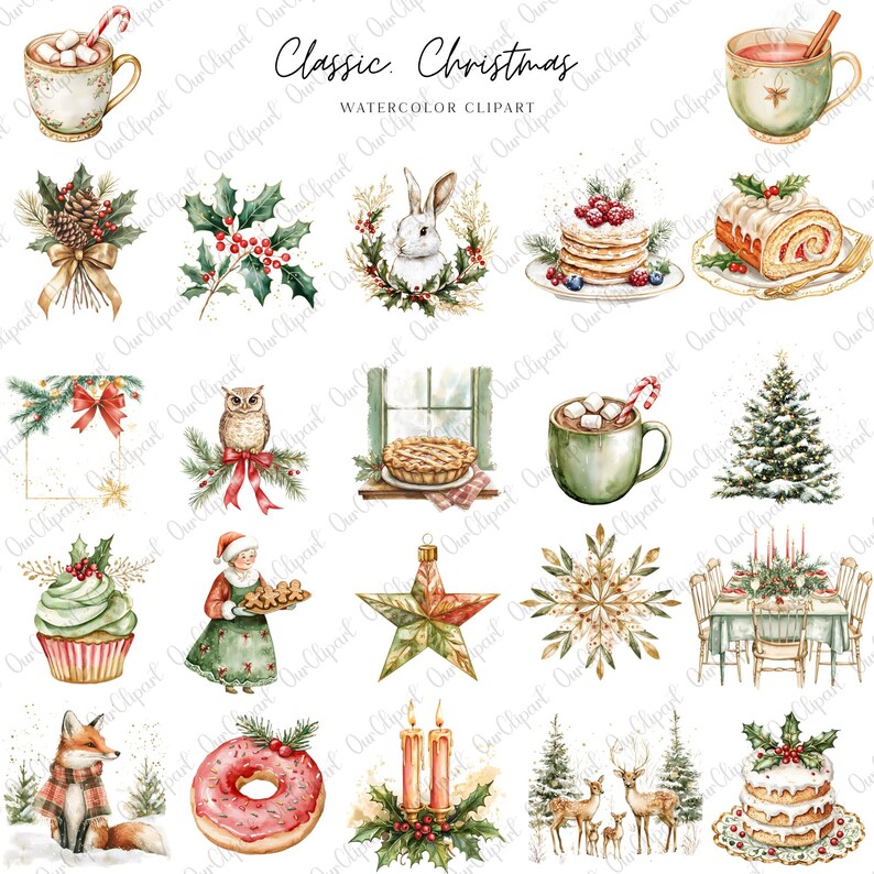 Classic Christmas Clipart, Santa Village Watercolor PNG Set, Retro ...