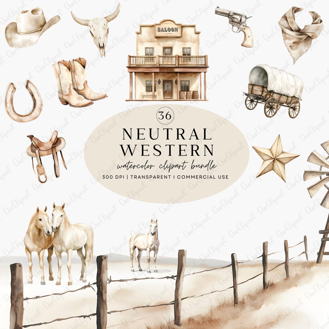 Neutral Cowboy Watercolor Clipart Bundle – Wild West Western Elements ...