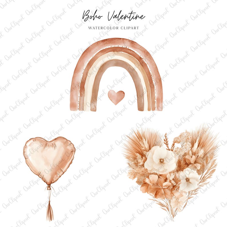 Boho Valentine's Day Clipart Bundle, Rustic Boho Love PNG, Lovely Heart ...