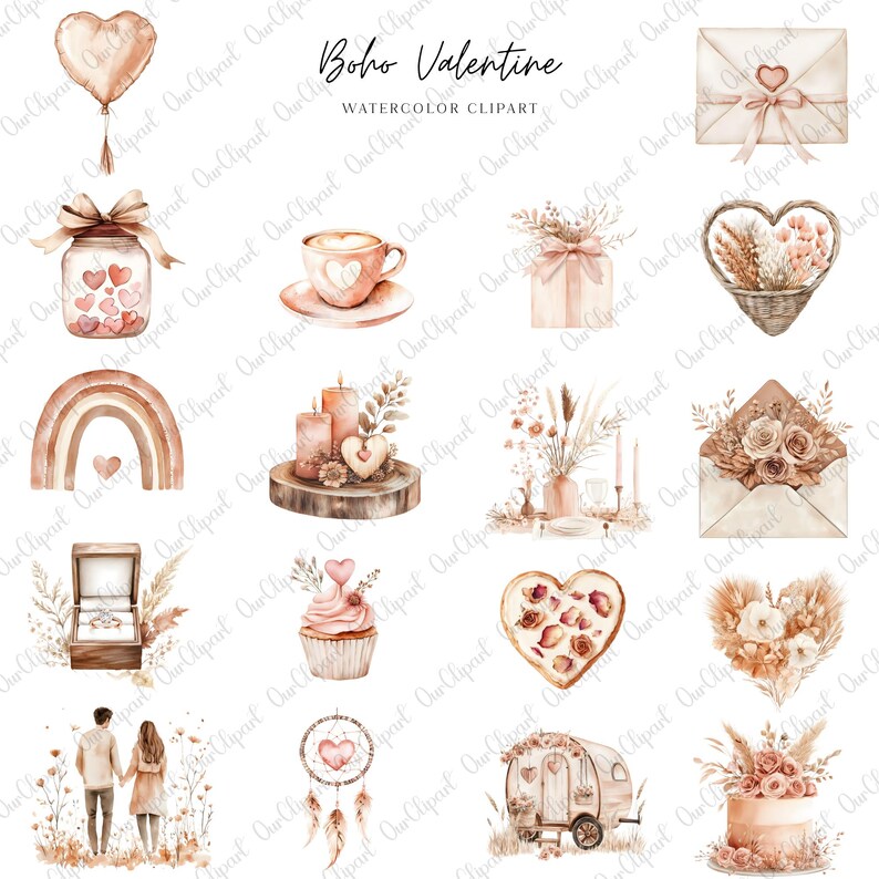 Boho Valentine's Day Clipart Bundle, Rustic Boho Love PNG, Lovely Heart ...