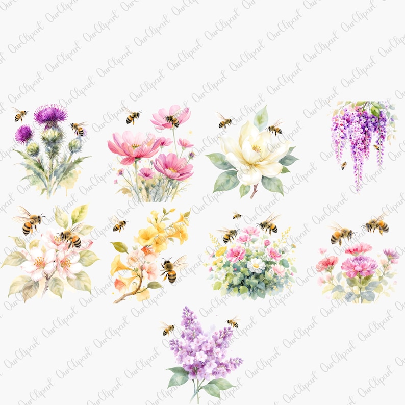 Bee Clipart Watercolor, Floral Bees PNG Clipart Set, Printable ...