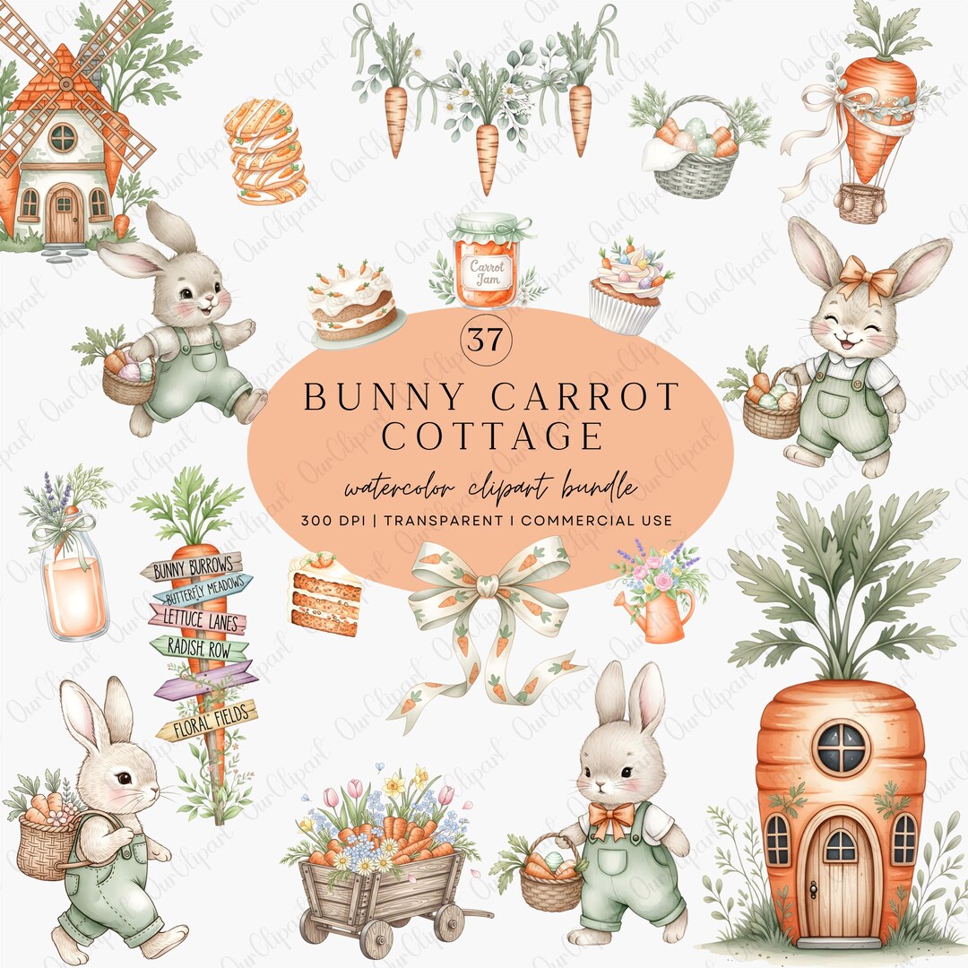 Easter Bunny Clipart Set, Carrot Bunny Watercolor PNG Bundle, Spring ...