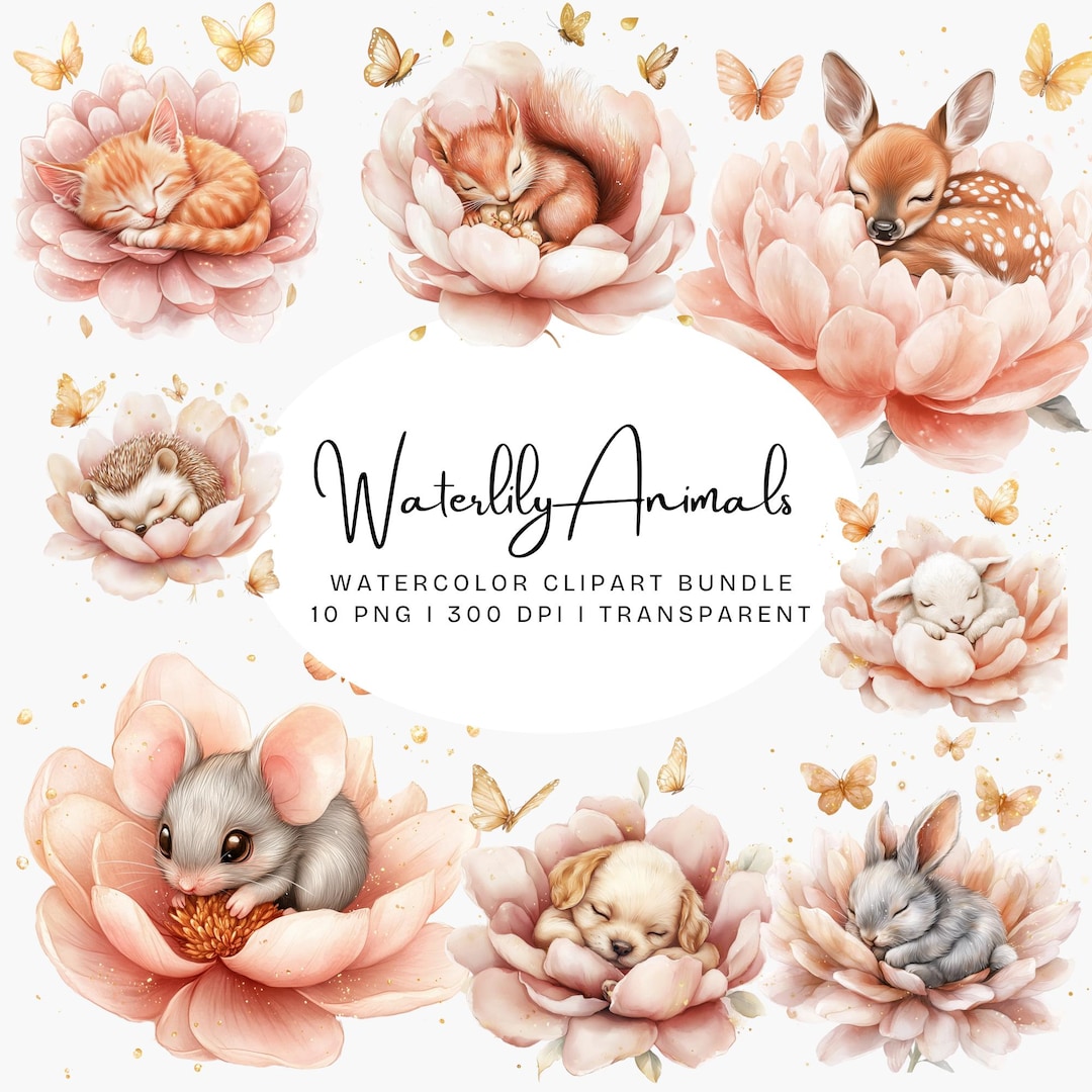 Cute Animals Watercolor Clipart Bundle Pink Waterlily PNG Digital ...