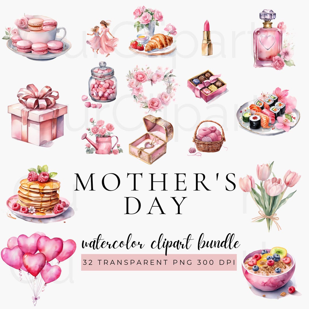 Pink Mother's Day Clipart, Watercolor Clipart Bundle, PNG, Floral ...