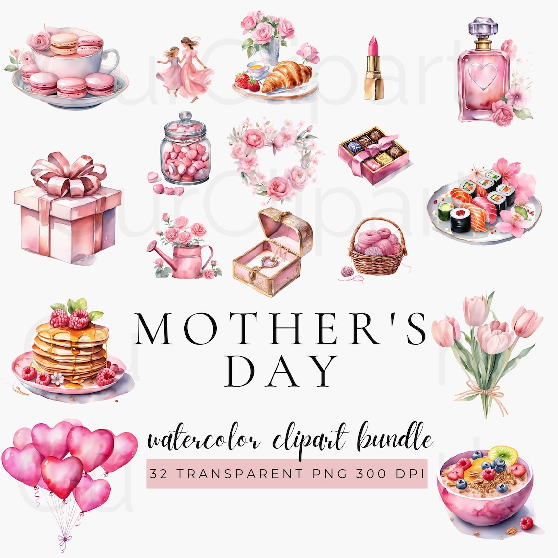 Pink Mother's Day Clipart, Watercolor Clipart Bundle, PNG, Floral ...