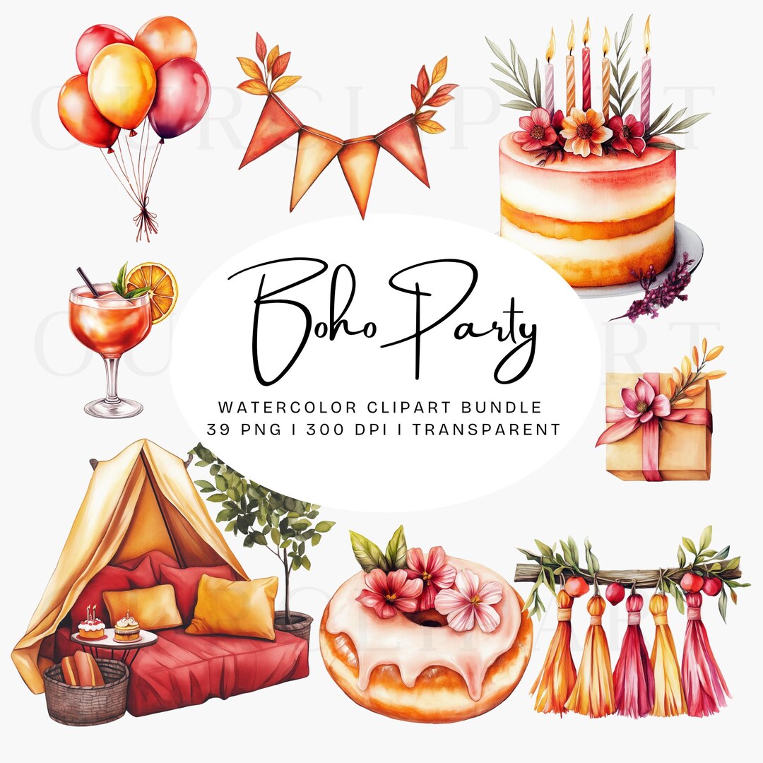 Watercolor Party Clipart Bundle, Boho Birthday Clipart, PNG, Balloons ...
