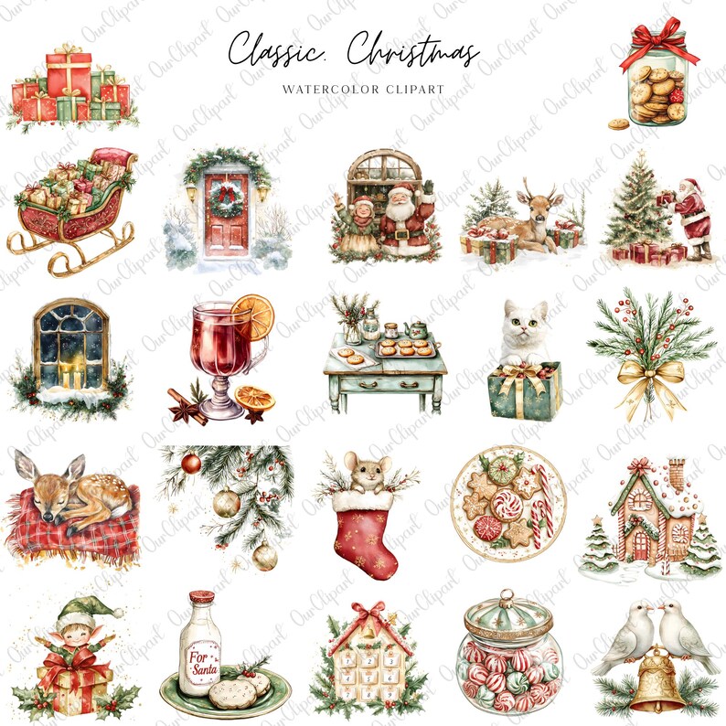 Classic Christmas Clipart, Santa Village Watercolor PNG Set, Retro ...